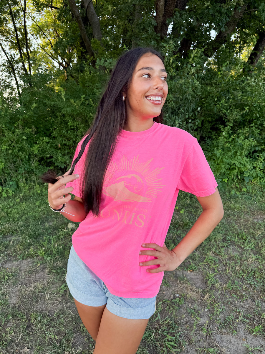 Faithful as the Sunrise Tee – Christian Tee in Neon Pink